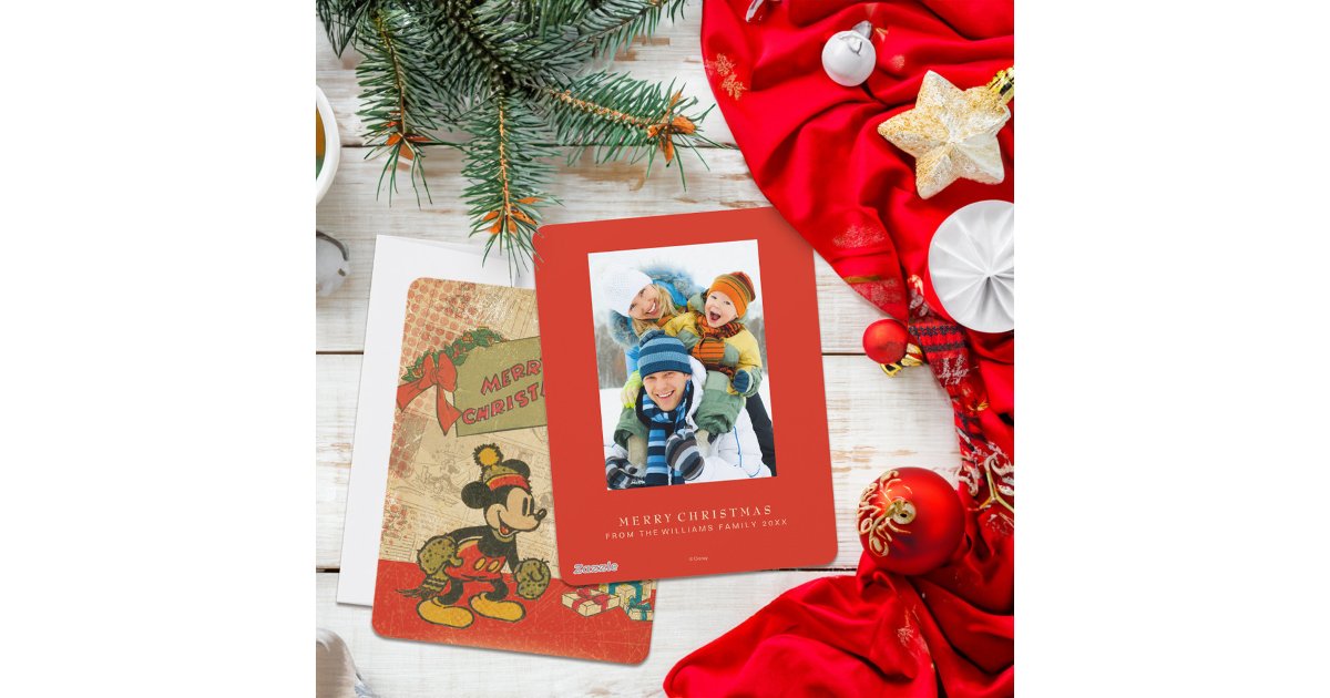 Mickey | Vintage Merry Christmas with Photo Holiday Card | Zazzle