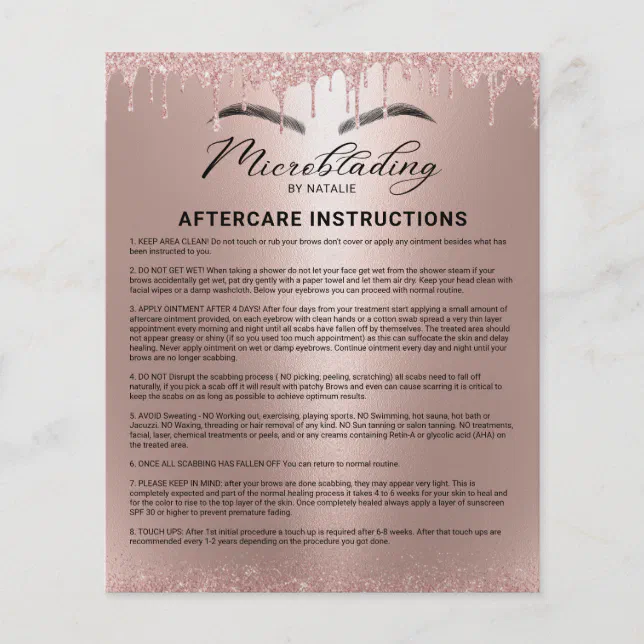 Microblading Aftercare Instruction Rose Gold Drips Flyer | Zazzle