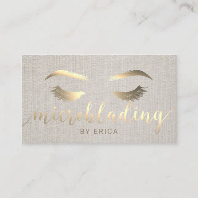 Microblading Brow Makeup Artist Gold Script Linen Business Card | Zazzle