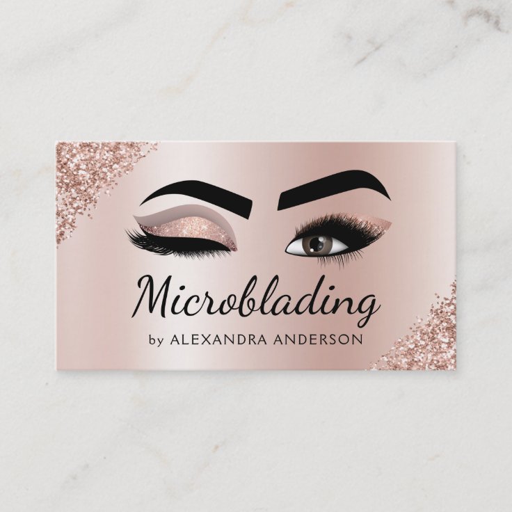 Microblading Eyebrows Brows Glitter Rose Gold Pink Business Card | Zazzle