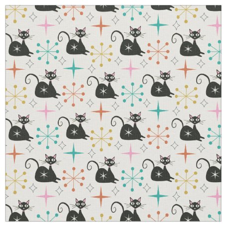 Mid Century Meow Retro Atomic Cats on Blue II Fabric | Zazzle