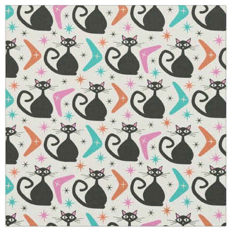Mid Century Meow Retro Atomic Cats on Blue II Fabric | Zazzle
