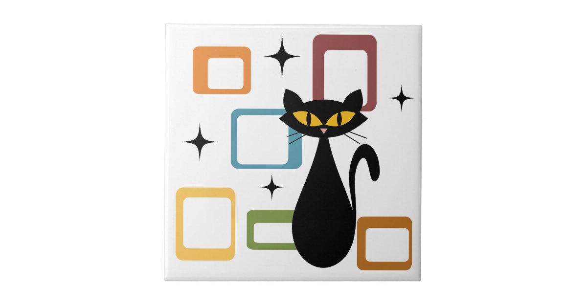 Mid Century black cat Ceramic Tile | Zazzle