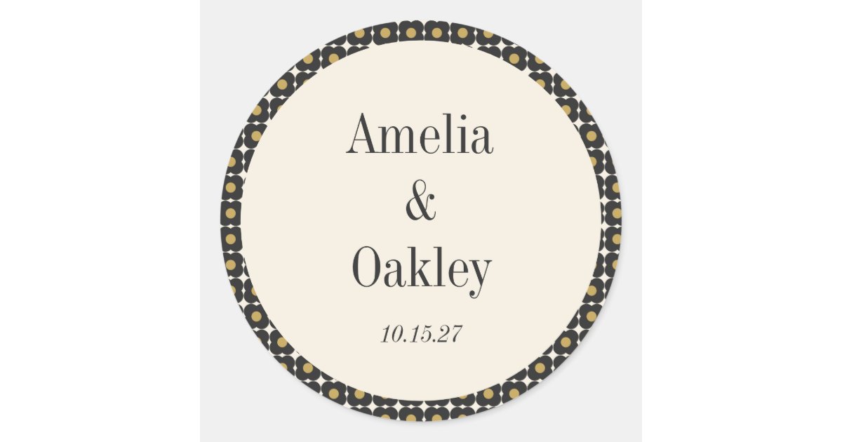Mid Century Bold Black Gold Floral Wedding Custom Classic Round Sticker ...