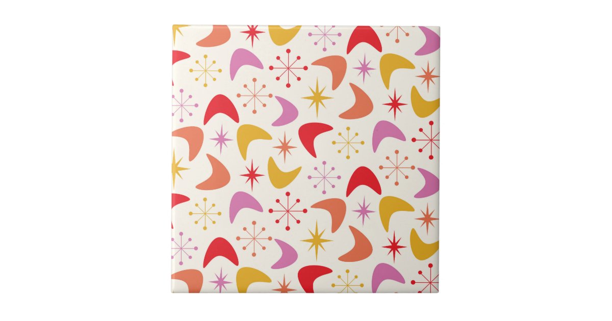 Mid Century Boomerang with Colorful Starbursts Ceramic Tile | Zazzle