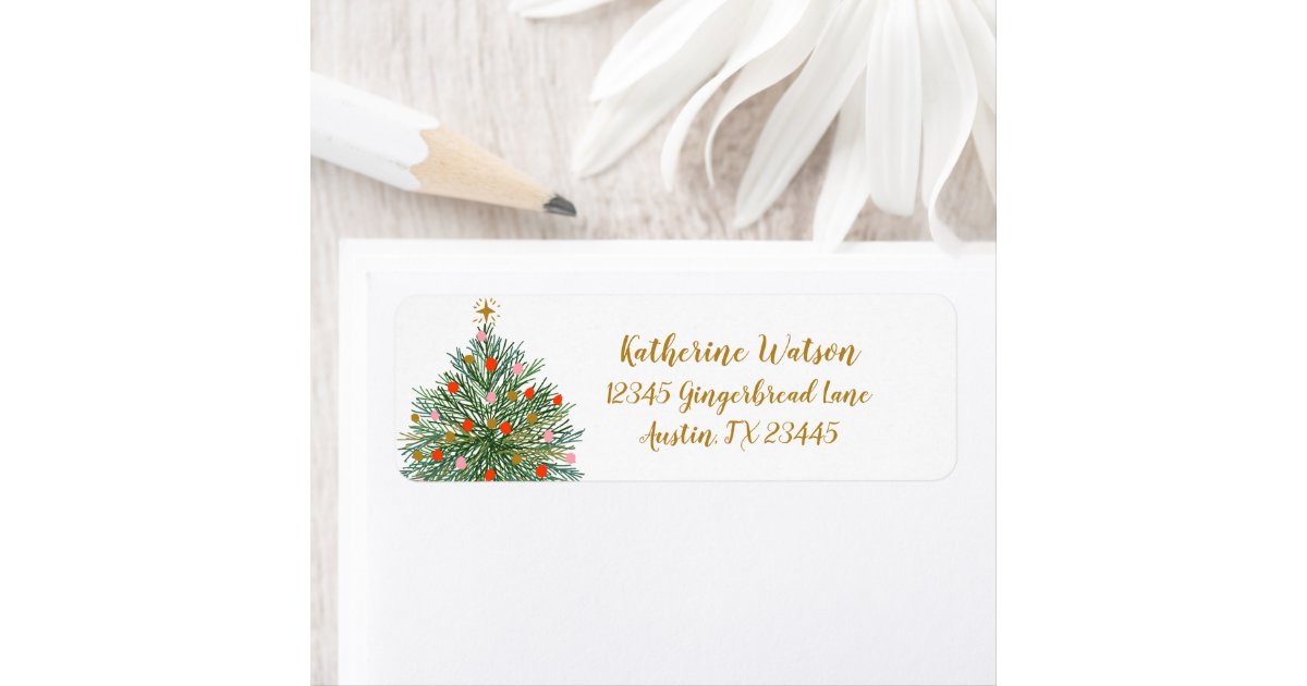 mid century christmas tree return address label | Zazzle