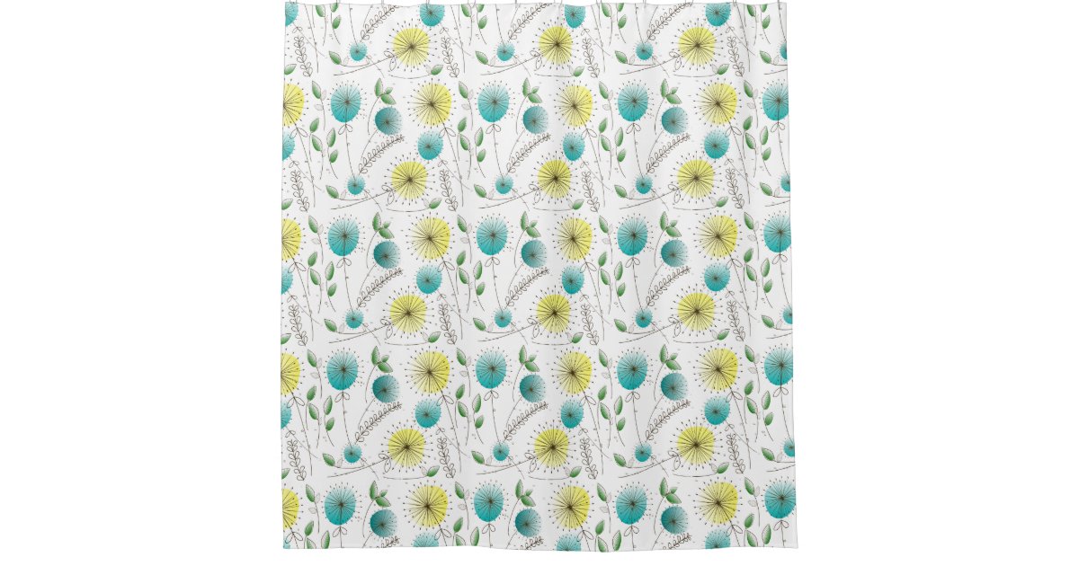 Mid-Century Dandelion Clocks Yellow and Blue Shower Curtain | Zazzle