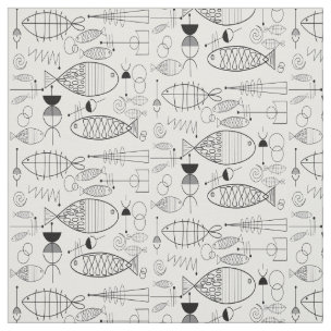 Mid-Century Modern fish, black and white Fabric | Zazzle