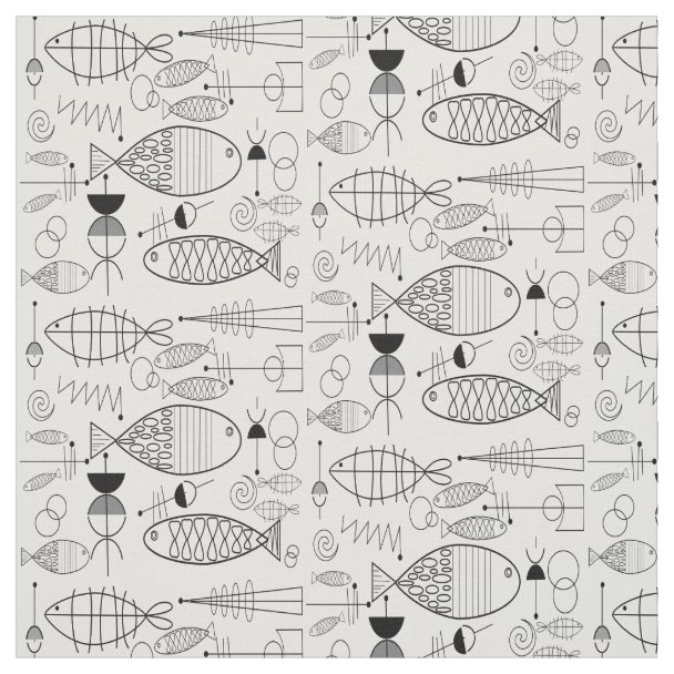 Mid-Century Modern fish, black and white Fabric | Zazzle