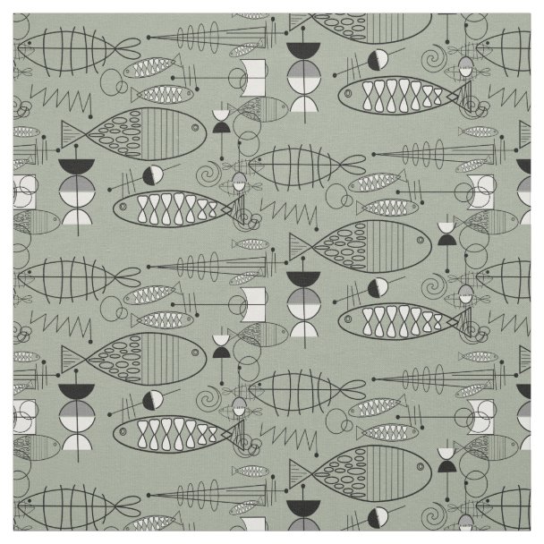 Mid-Century Modern fish, black and white Fabric | Zazzle.com