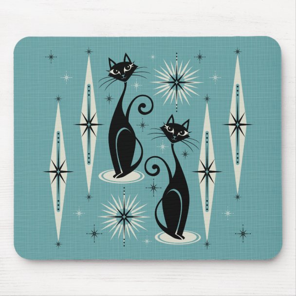 Mid Century Meow Retro Atomic Cats on Warm Pink Fabric | Zazzle