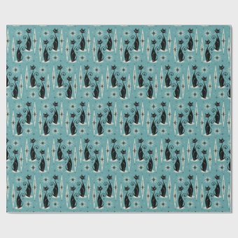 Mid Century Meow Retro Atomic Cats on Blue Wrapping Paper | Zazzle