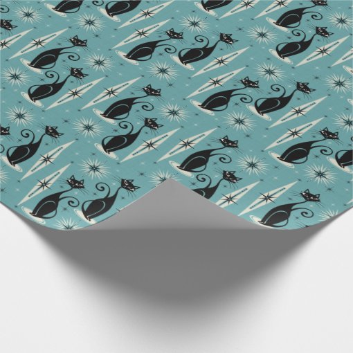 Mid Century Meow Retro Atomic Cats on Blue Wrapping Paper | Zazzle