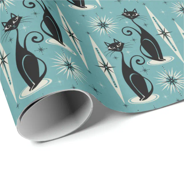 Mid Century Meow Retro Atomic Cats on Blue Wrapping Paper | Zazzle