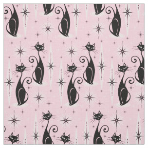Mid Century Meow Retro Atomic Cats on Gray Fabric | Zazzle