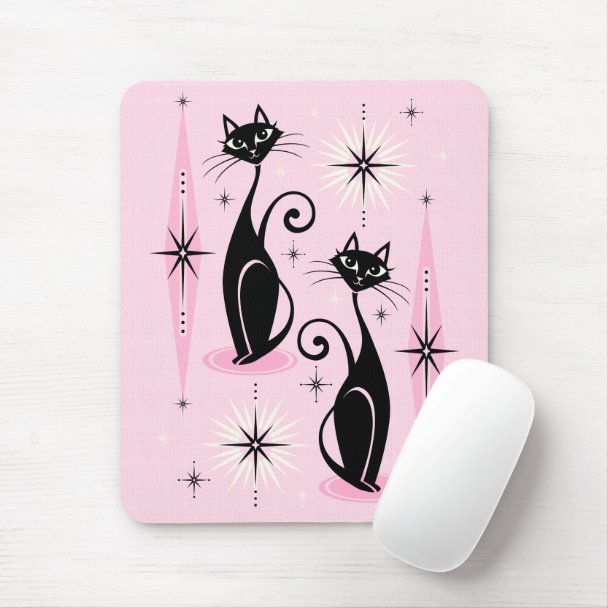 Mid Century Meow Retro Atomic Cats on Warm Pink Fabric | Zazzle