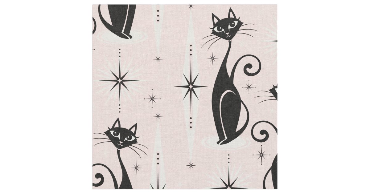 Mid Century Meow Retro Atomic Cats on Warm Pink Fabric | Zazzle