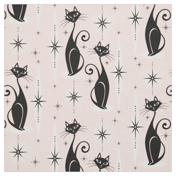 Mid Century Meow Retro Atomic Cats on Gray Fabric | Zazzle