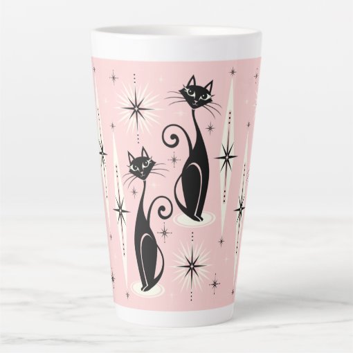 Mid Century Meow Retro Atomic Cats on Warm Pink Latte Mug | Zazzle