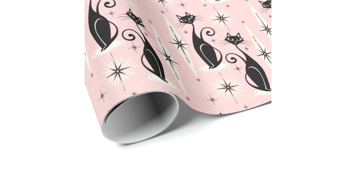 Mid Century Meow Retro Atomic Cats on Warm Pink Wrapping Paper | Zazzle