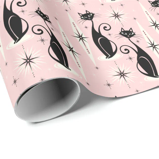 Mid Century Meow Retro Atomic Cats on Warm Pink Wrapping Paper | Zazzle