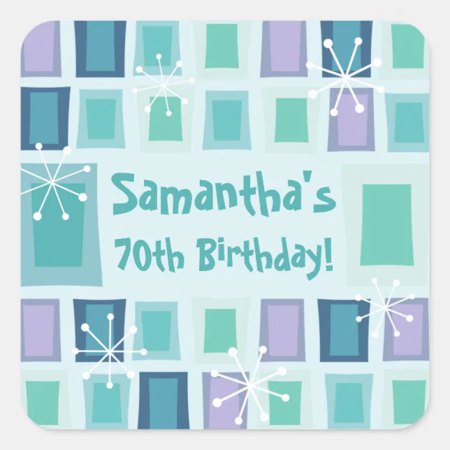 Mid Century Modern 70th Birthday Aquamarine Square Sticker | Zazzle