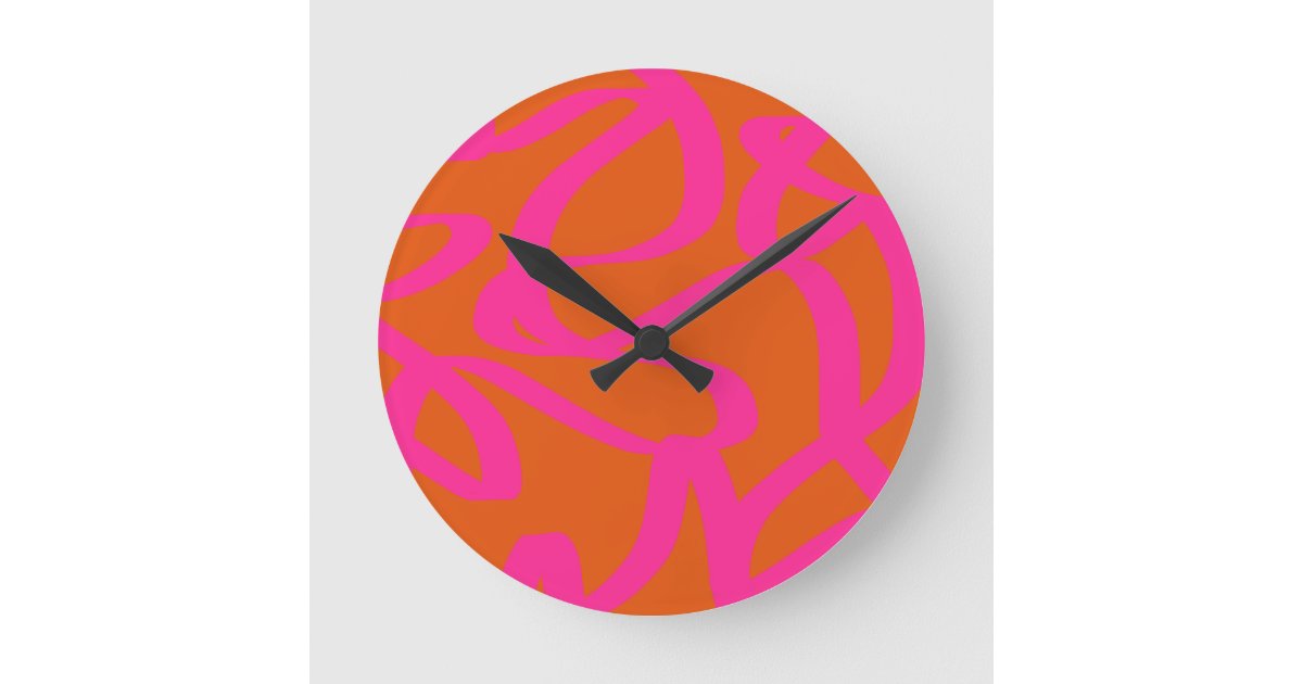 Mid Century Modern Abstract Lines Orange And Pink Round Clock | Zazzle