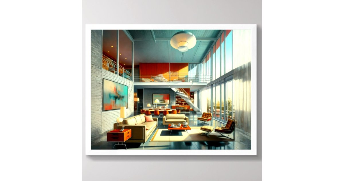 Mid Century Modern Architectural Interior Drawing Poster | Zazzle