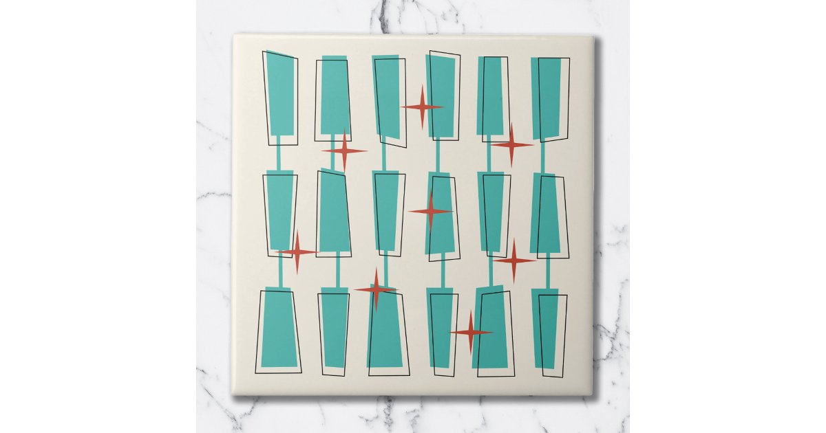 Mid Century Modern Atomic Blocks Teal, Cream, Red Ceramic Tile | Zazzle