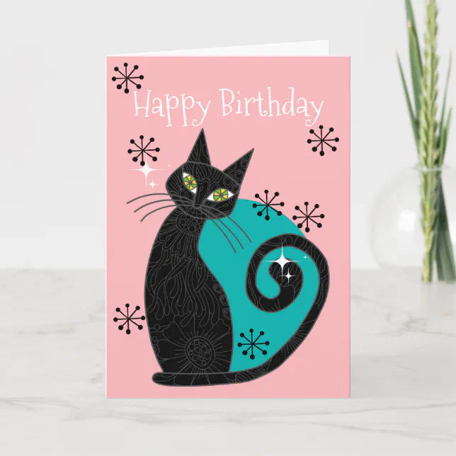 Mid Century Modern Atomic Cat Retro Happy Birthday Card | Zazzle