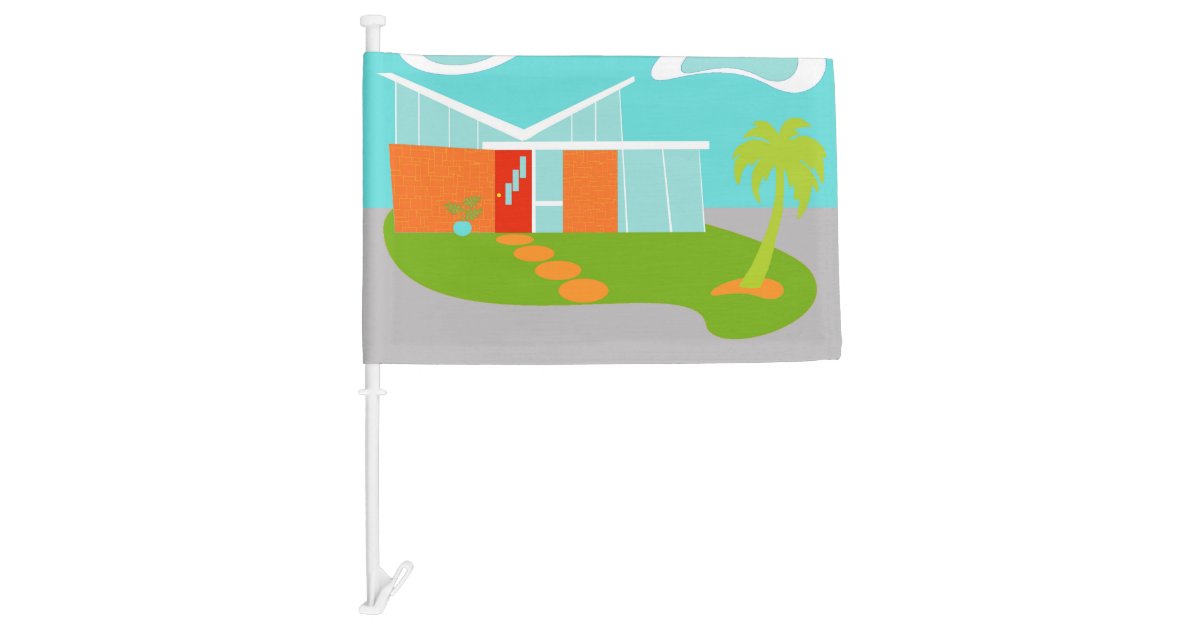 Mid Century Modern Cartoon House Car Flag | Zazzle