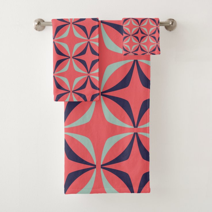 Mid Century Modern Geometric Pattern in Navy Coral Bath Towel Set | Zazzle