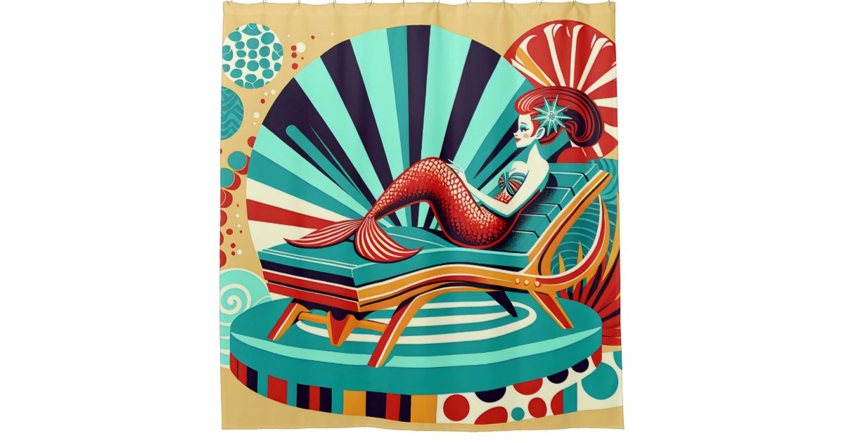 “Mid-Century Modern Mermaid - Vibrant Retro Art” Shower Curtain | Zazzle