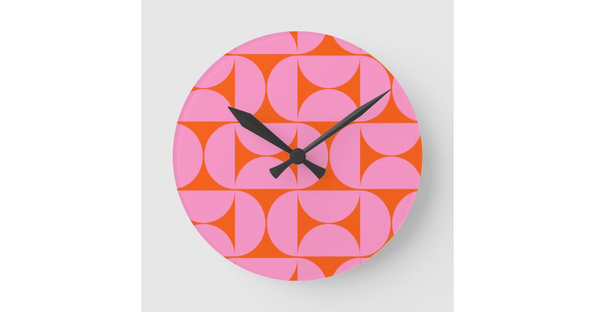 Mid Century Modern Pattern Preppy Pink And Orange Round Clock | Zazzle