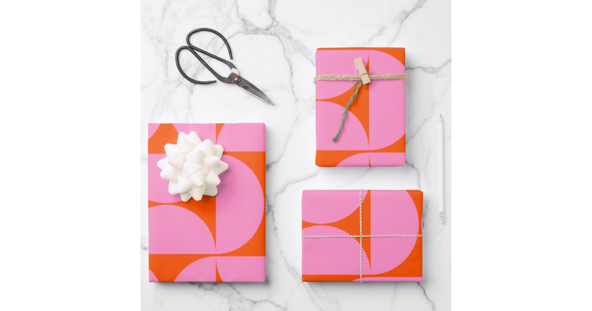 Mid Century Modern Pattern Preppy Pink And Orange Wrapping Paper Sheets ...