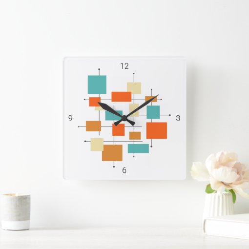 Mid Century Modern Retro Orange Turquoise Squares Square Wall Clock ...
