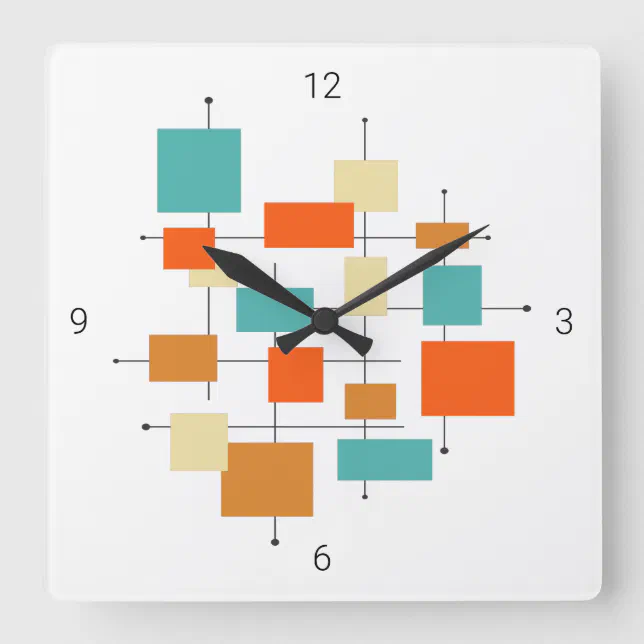 Mid Century Modern Retro Orange Turquoise Squares Square Wall Clock ...
