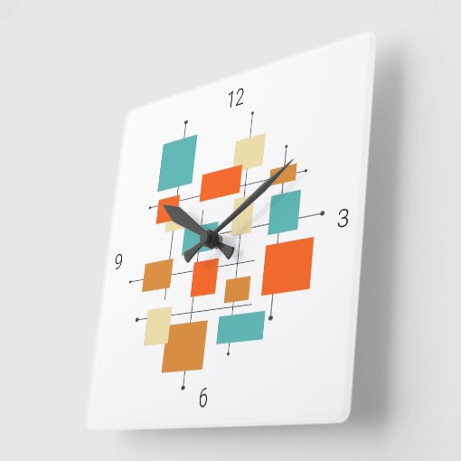 Mid Century Modern Retro Orange Turquoise Squares Square Wall Clock ...