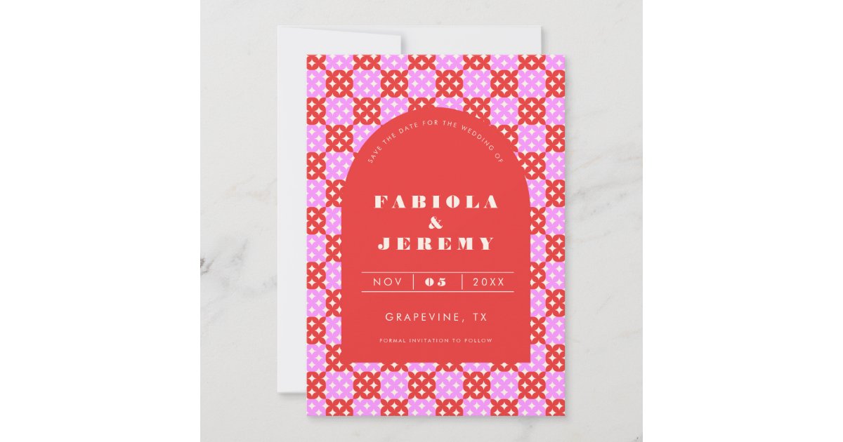 Mid Century Modern Retro Red and Pink Arch Wedding Save The Date | Zazzle