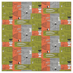 Mid-Century Modern fish, grey, white and black Fabric | Zazzle