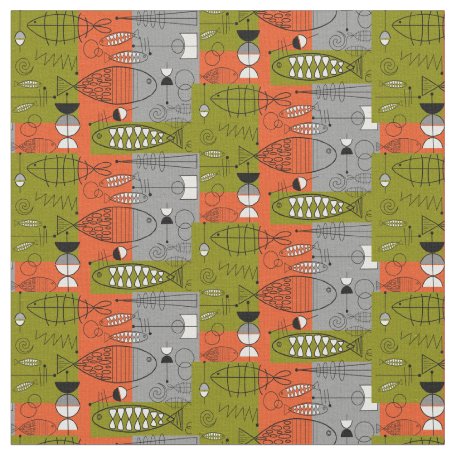 Mid-Century Modern fish, grey, white and black Fabric | Zazzle