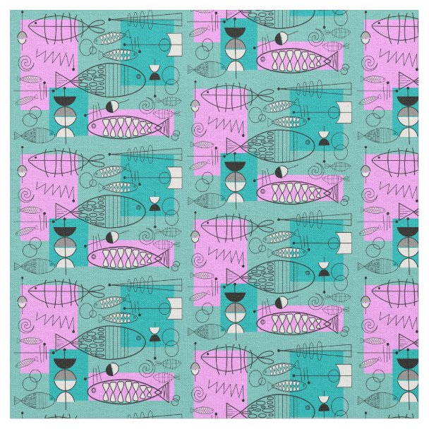 Mid-Century Modern fish, grey, white and black Fabric | Zazzle