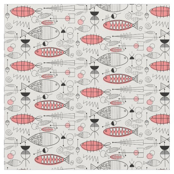 Mid-Century Modern fish, black and white Fabric | Zazzle