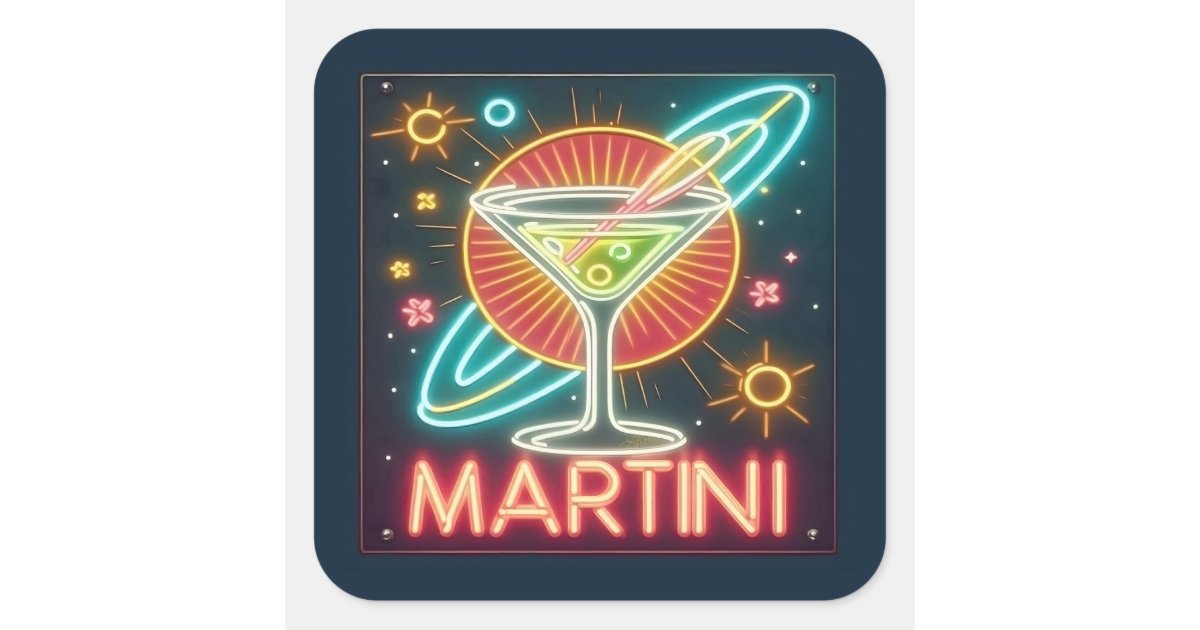 Mid Century Neon Martini Sign Square Sticker | Zazzle
