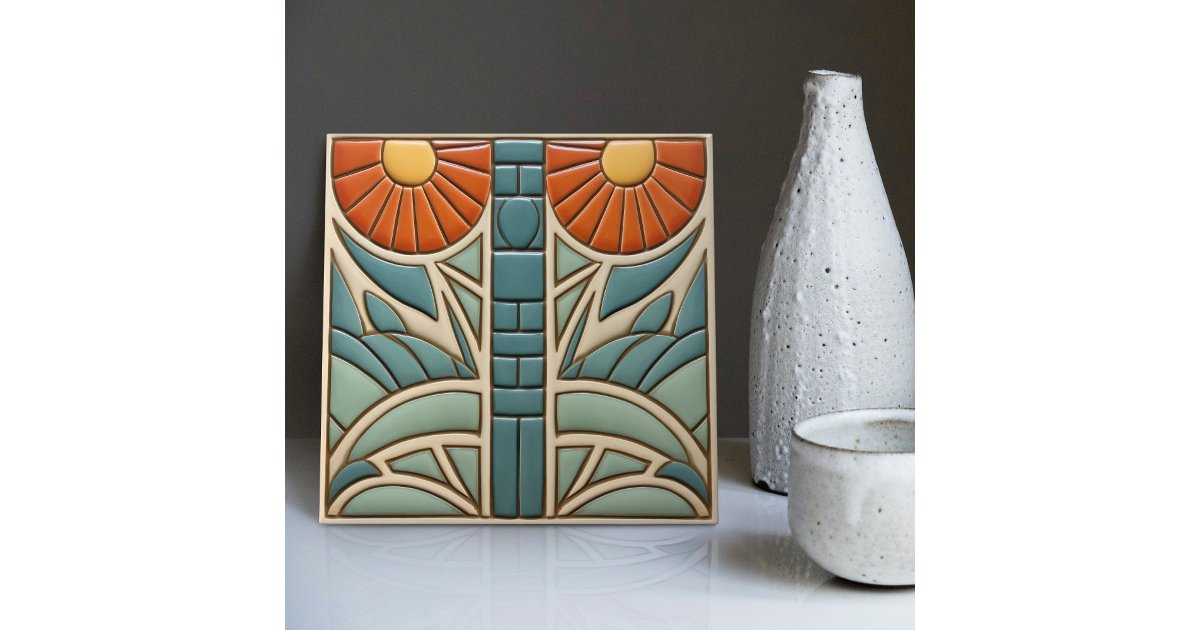 Mid-Century Symmetry Organic Arts and Crafts Ceramic Tile | Zazzle
