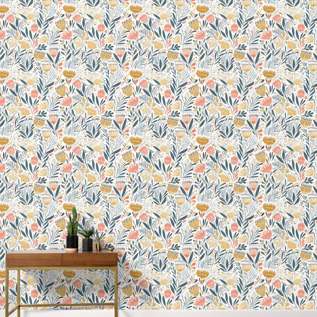 teal and orange floral wallpaper