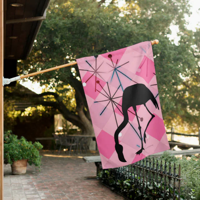 Midcentury Modern Atomic Starbursts Flamingo House Flag | Zazzle