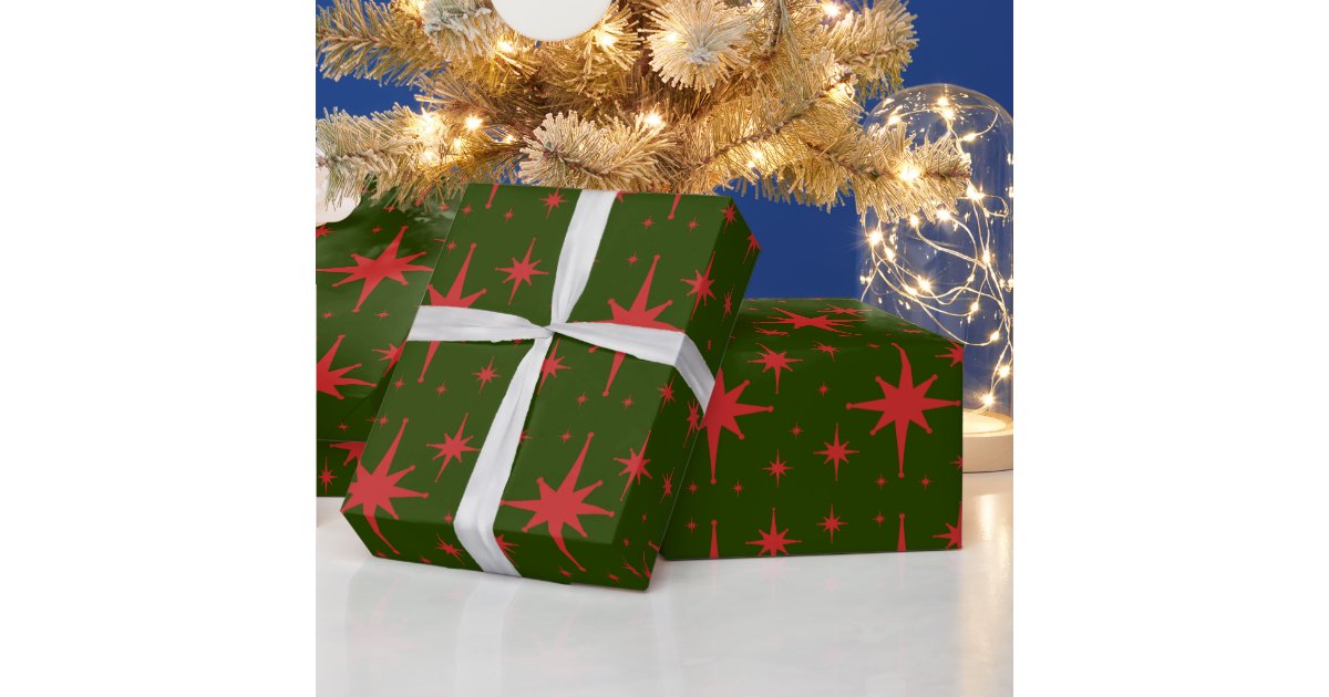 Midcentury Retro Christmas Star Pattern Red Green Wrapping Paper | Zazzle