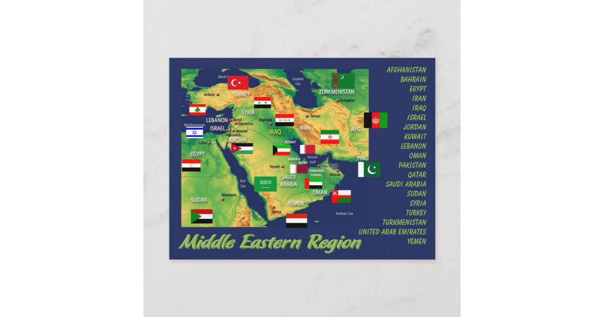 Middle- Eastern countries geographic map with flag Postcard | Zazzle