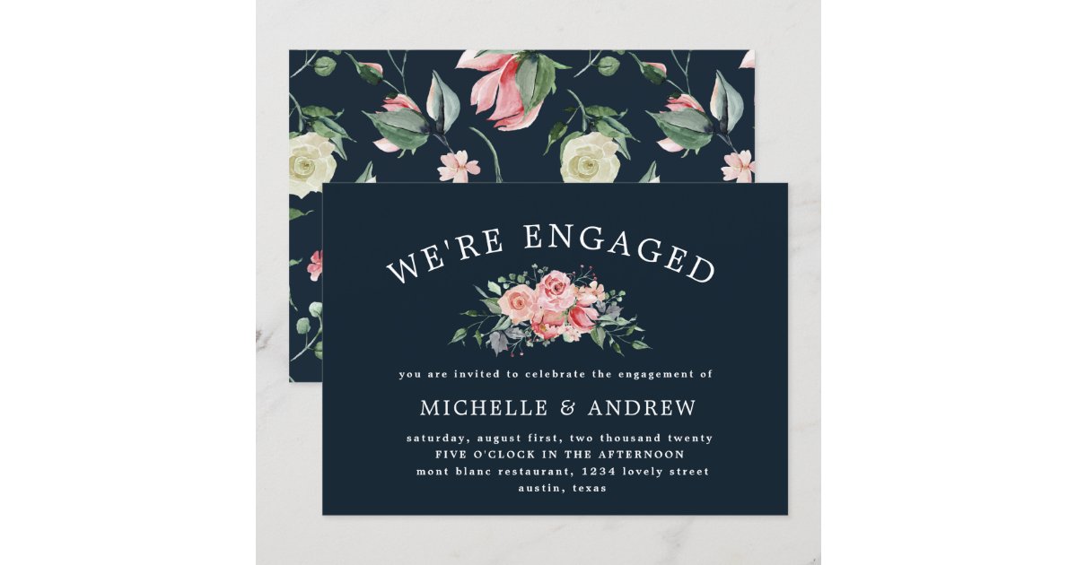 midnight bloom elegant floral engagement invitation | Zazzle